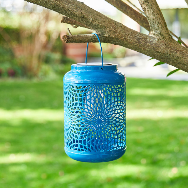 8.75"H Blue Metal Cutout Solar Powered Lantern - Contemporary - Outdoor ...