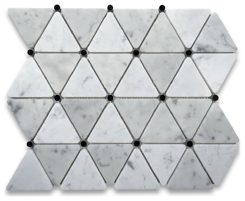 Carrara Venato Marble Triangle Mosaic Tile Black Round Dots Honed, 1 ...