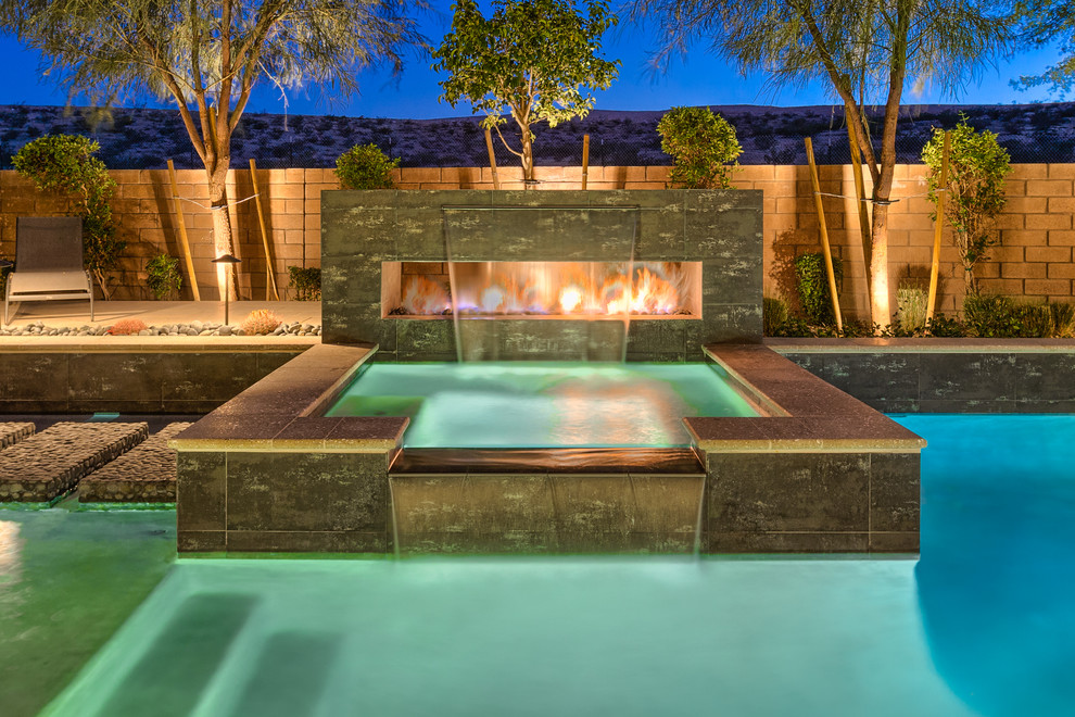 Geometric Pool with Fireplace/Water Feature, Swim Up Bar and sunken BBQ ...