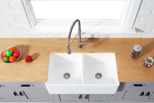 Gourmetier Double Bowl Farmhouse Kitchen Sink, Matte White, L36" XW18 ...