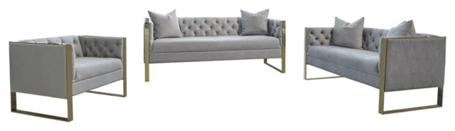 Coaster 3-Piece Contemporary Velvet Tufted Back Sofa Set in Gray ...