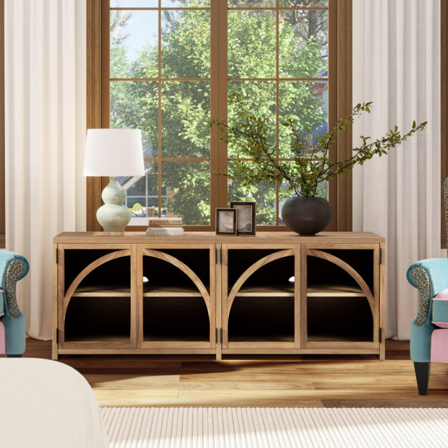 Oliver 65" Arched Door Open-Shelf Display Cabinet, Natural Brown ...