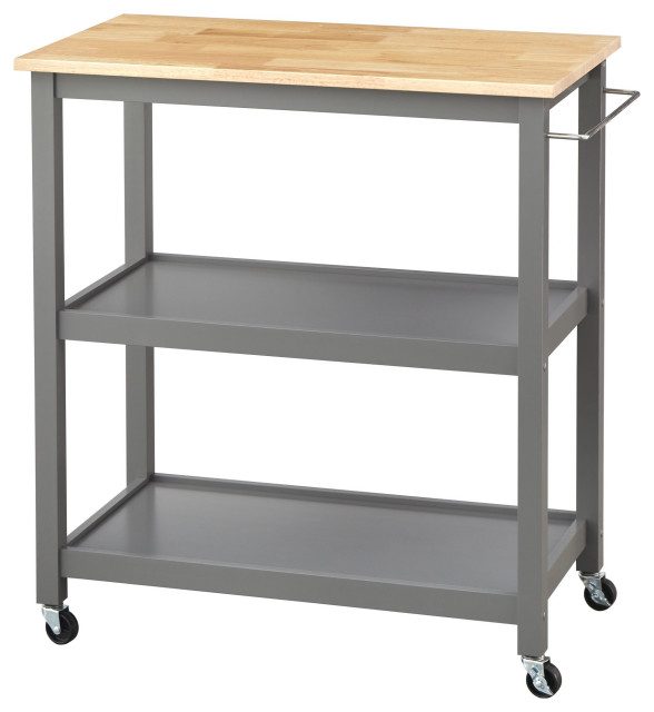 Modern Kitchen Cart, 2 Open Shelves With Rubberwood Top, Charcoal Gray ...