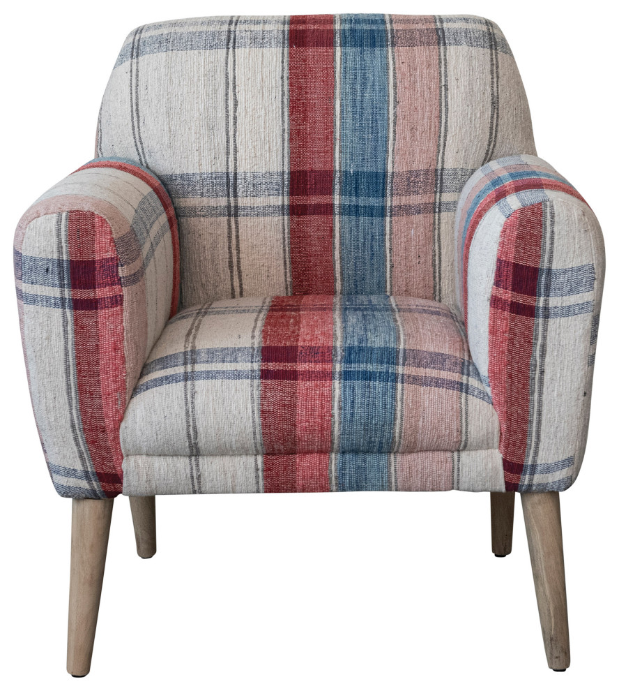 Woven Cotton Plaid Arm Chair With Mango Wood Legs and Gold Nail Heads ...