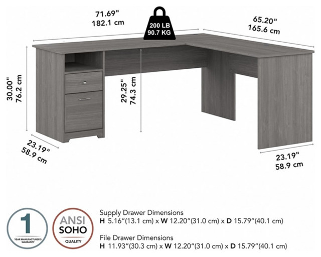 Cabot 72W L Shaped Computer Desk with File in White - Engineered Wood ...