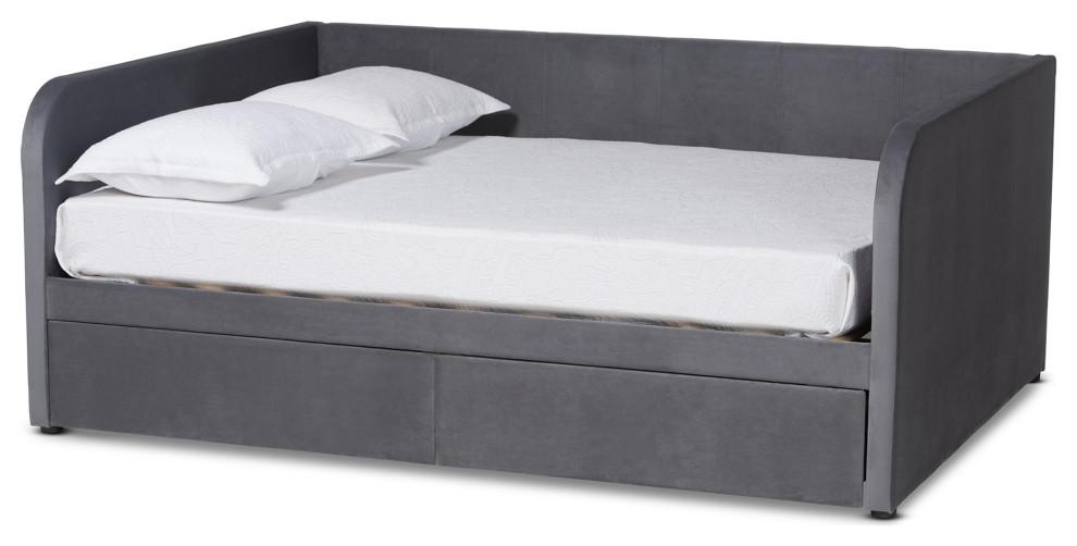 Basanti Grey Velvet Fabric Upholstered Full Size 2-Drawer Daybed ...