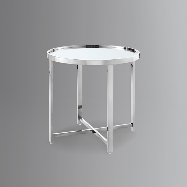 22" Silver Glass And Stainless Steel Round Mirrored End Table ...