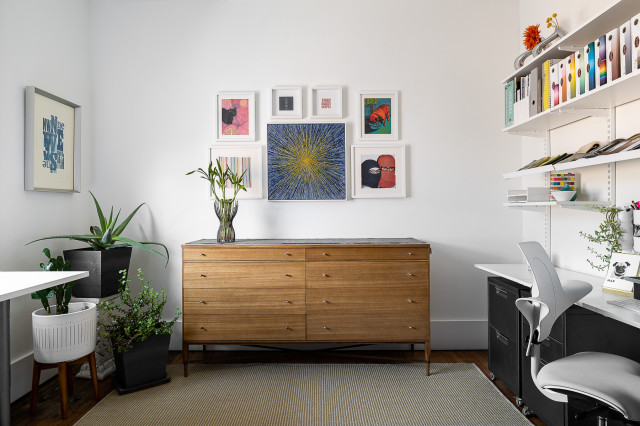 Eclectic White Home Office with Modular Wall Storage - Contemporary ...