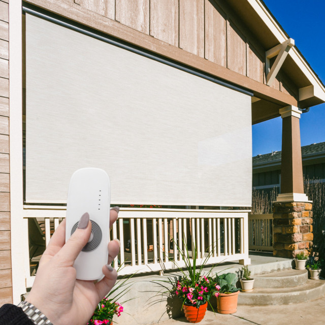 Outdoor Valanced Remote Control Operated Sunshade, Pearl Fabric, 48" W ...