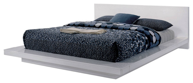 Wooden Queen Size Low Profile Bed with High Gloss Finish, White ...