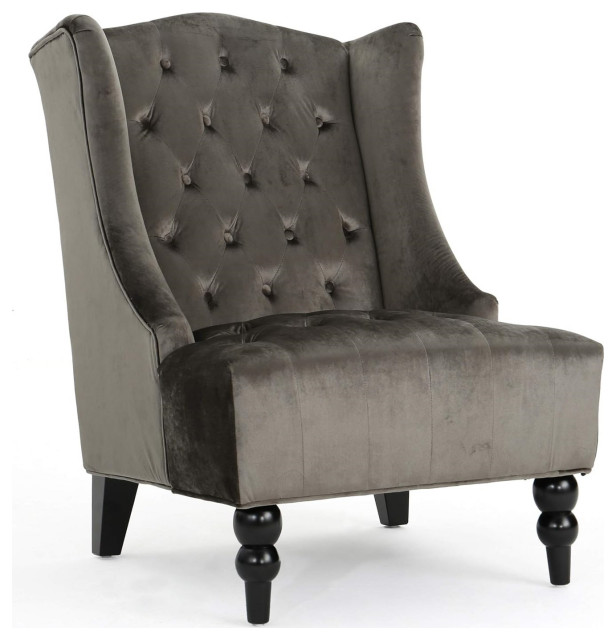Grey High-Back Velvet Club Chair, Traditional Accent with Button Tufted ...