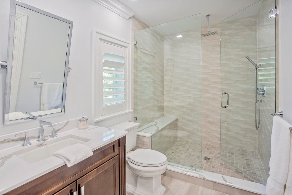 Contemporary Bathroom with Walk-In Glass Shower and Custom Vanity ...