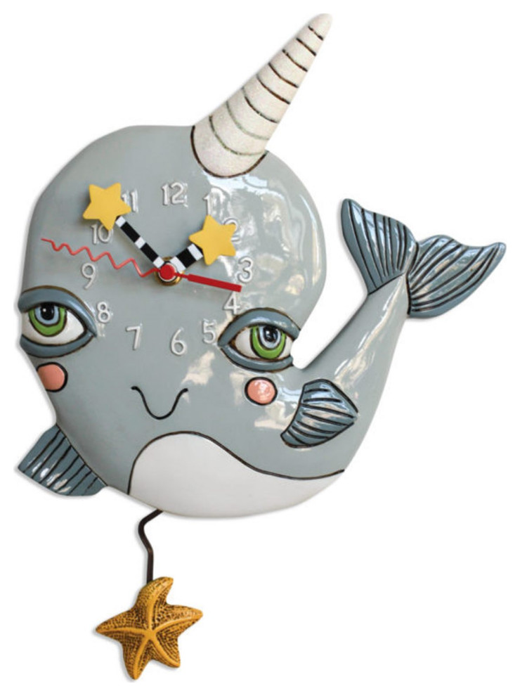 Allen Designs Narly Narwhal Whale Pendulum Wall Clock Battery Operated ...