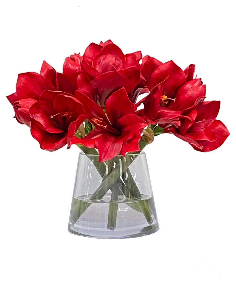 Amaryllis in Vase, 14", Deep Red - Contemporary - Artificial Flower ...