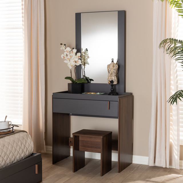 Dolores Contemporary Two-Tone Gray and Walnut Bedroom Vanity With Stool ...