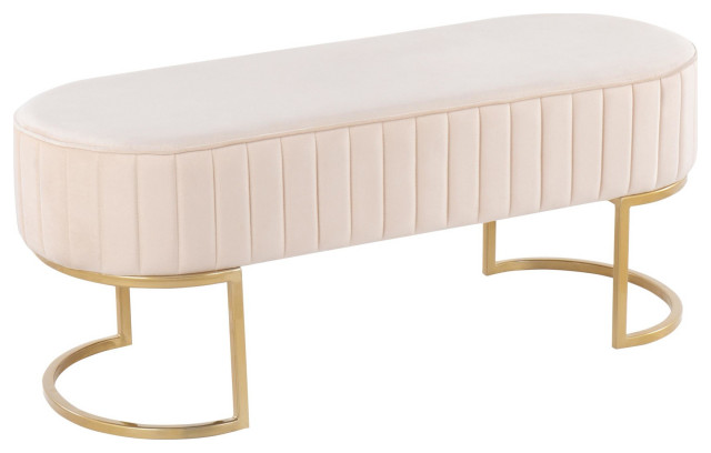 Demi Glam Pleated Bench, Gold Steel/Cream Velvet - Contemporary ...