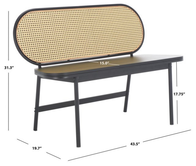 Coastal Cane Bench with Wooden Frame and Oval Rattan Back, Black ...