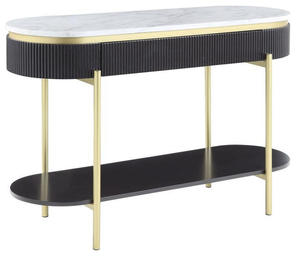 Ville 48" Oblong Sofa Console Table, White Faux Marble Top, Reeded Edge ...