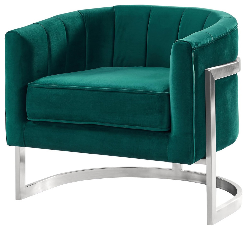 Chic Green Accent Chair, Stainless Steel Frame, Channel Tufted Back ...