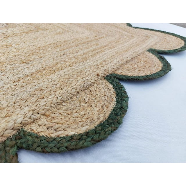 Natural Jute Area Rug with Green Scalloped Edges, Unique Farmhouse ...