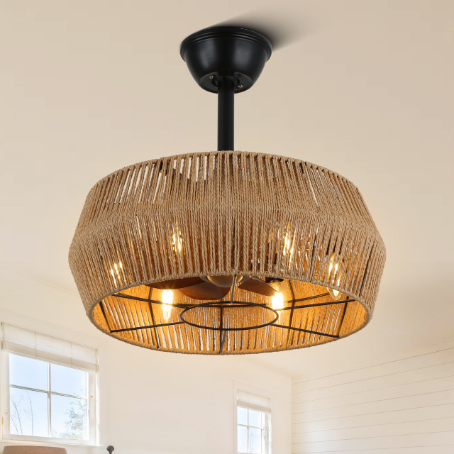 18" Rattan Hemp Drum Style Boho Caged Ceiling Fan with Lights and ...