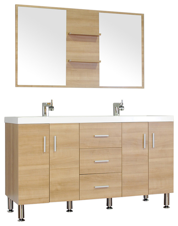 56 in. Double Modern Bathroom Vanity Wavy Sink Set in Light Oak with ...