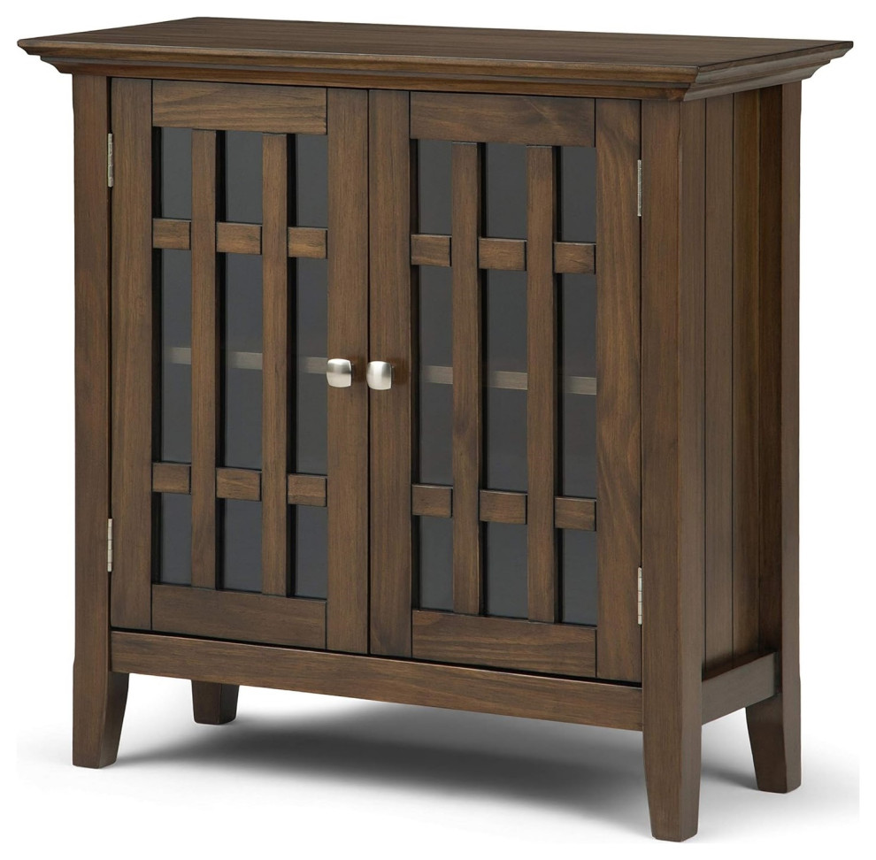 Solid Wood Media Cabinet, 32" Wide, Rustic Brown with Glass Doors and ...