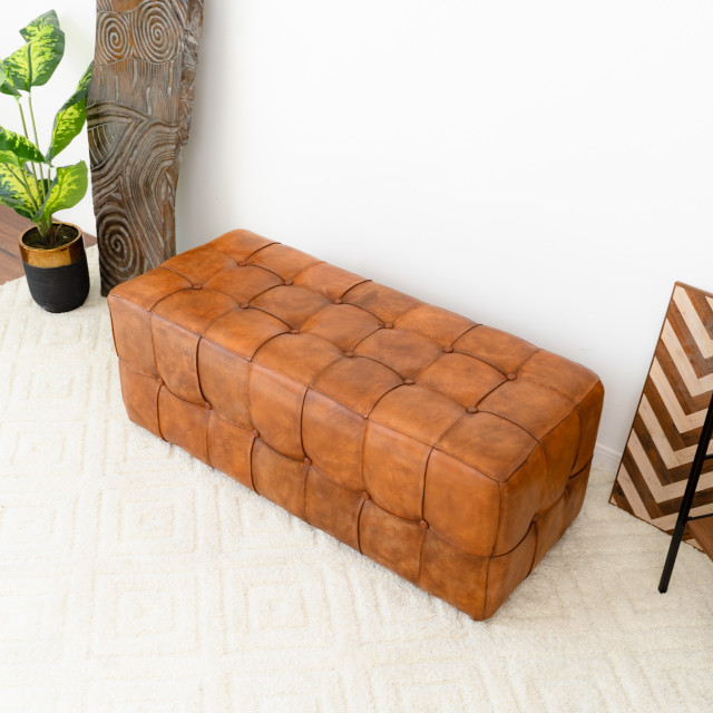 Bunta Mid-Century Modern Rectangular Genuine Leather Bench/Ottoman, Tan ...