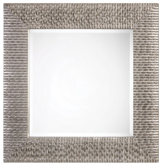 Rustic Square Mirror in Distressed Metallic Silver Rows of Raised ...