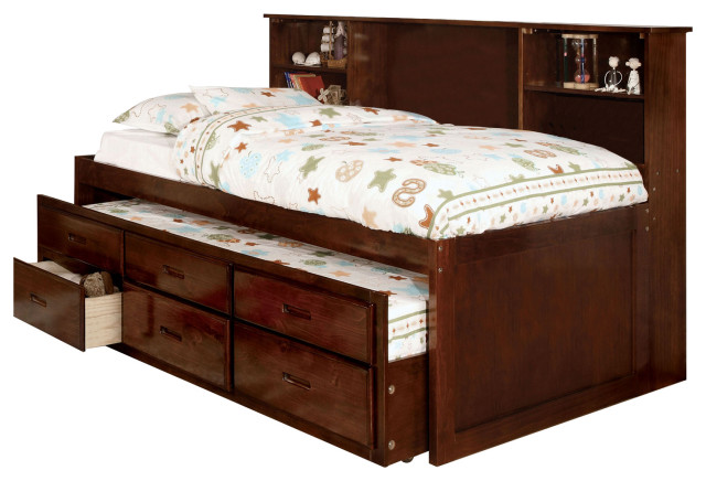 Wooden Full Size Bed with Trundle and 3 Storage Drawers, Brown ...