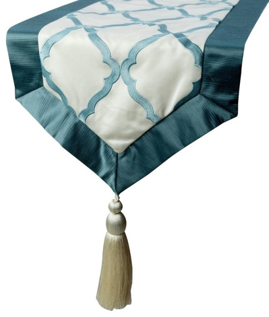 Decorative Table Runner Blue Satin, Lattice & Tassels, Adonia, 16"x108 ...