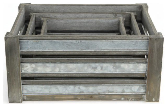 Eudora Set of 3 Metal Accented Gray Crates - Farmhouse - Storage Bins ...