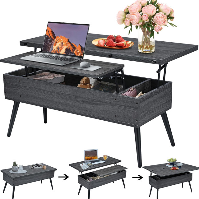 Modern Coffee Table, Storage Compartments With Lift Up Top, Gray/Black ...