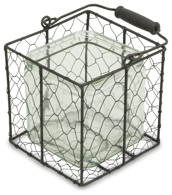 Square Wire Basket With Glass Jar, Brown, Large, Large - Industrial ...