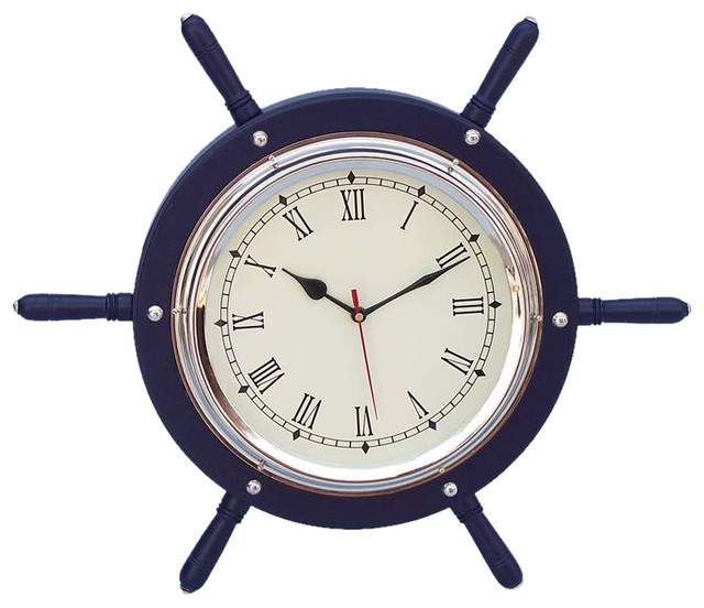 Dark Blue Wood And Chrome Ship Wheel Clock 15'', Boat Steering Wheel ...