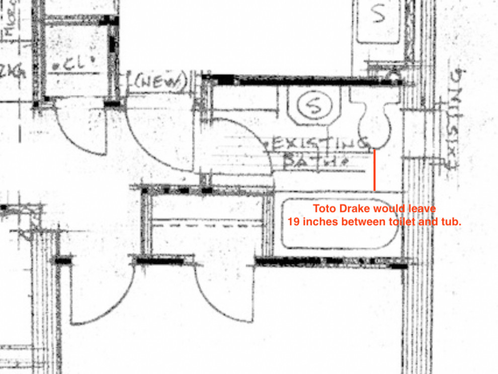 How much room needed between a toilet facing a bathtub