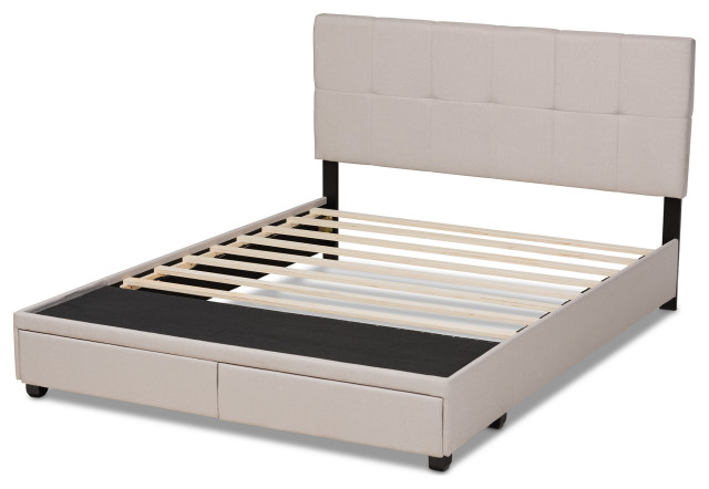 Anaiya Beige Fabric Upholstered 2-Drawer Queen Size Platform Storage ...