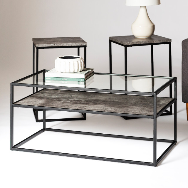 3-Piece Box Metal Table Set - Faux Dark Concrete - Transitional ...