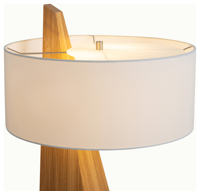 Obelisk Table Lamp - Natural Ash Wood Finish, White Cotton-Linen Shade ...