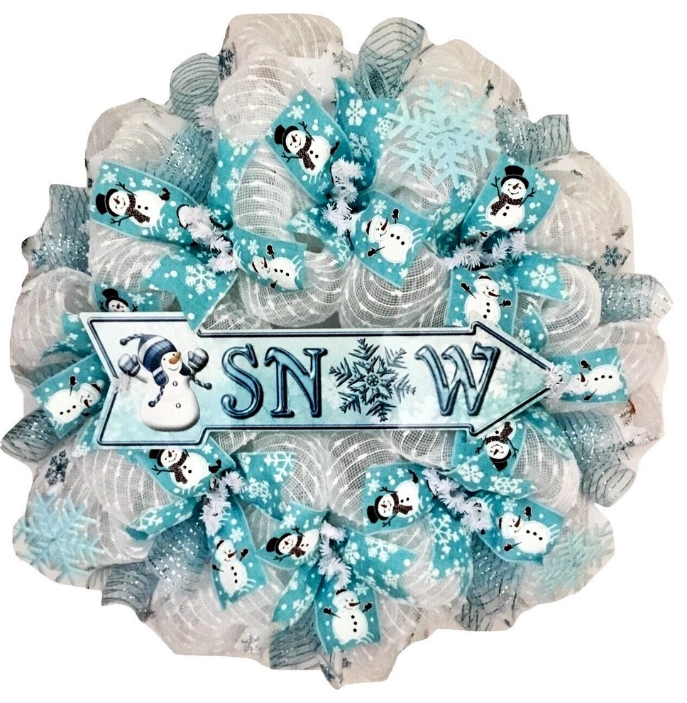 Snow Deco Mesh Wreath With Adorable Snowman Handmade Deco Mesh ...