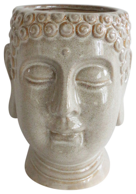 Ceramic 8" Buddha Head Planter, Gray - Asian - Outdoor Pots And ...