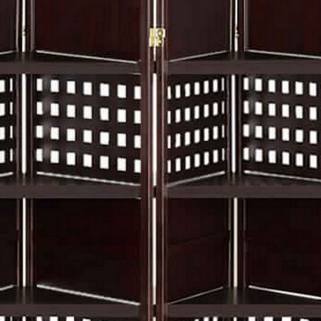 4 Panel Wooden Screen with 4 Shelves and Cut Out Details, Dark Brown ...