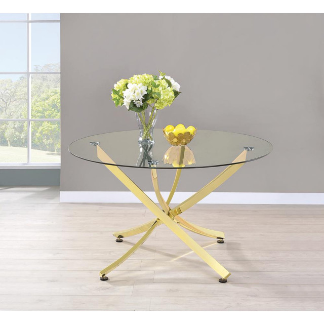Contemporary Dining Table, Gold Metal Base With Round Tempered Glass ...