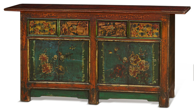 Bird and Flower Motif Elmwood Distressed Altar Style Tibetan Sideboard ...