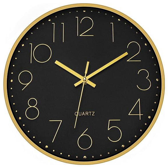 Black Gold Wall Clock 12" Silent Non-Ticking Battery Operated Round ...