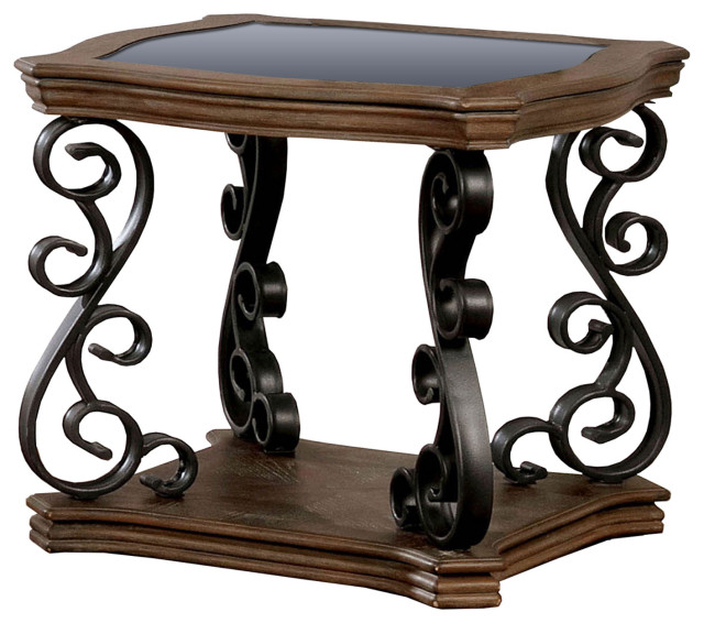Benzara Traditional End Table with Curled Metal Supports, Brown ...