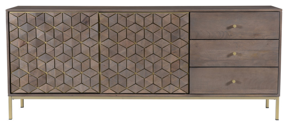 71" Abstract Pattern Carved Wood Sideboard With Drawers Art Deco ...