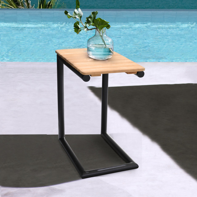 Portals Outdoor C-Shape Side Table, Black Finish and Natural Teak Wood ...
