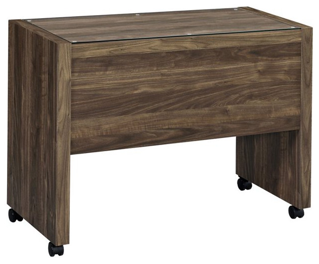Modern Desk, Wooden Frame With Wheels & Tempered Glass, Aged Walnut ...