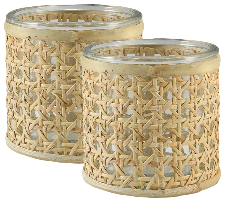 Serene Spaces Living Set of 2 Cottage Cane Wrapped Glass Vase, Cylinder ...